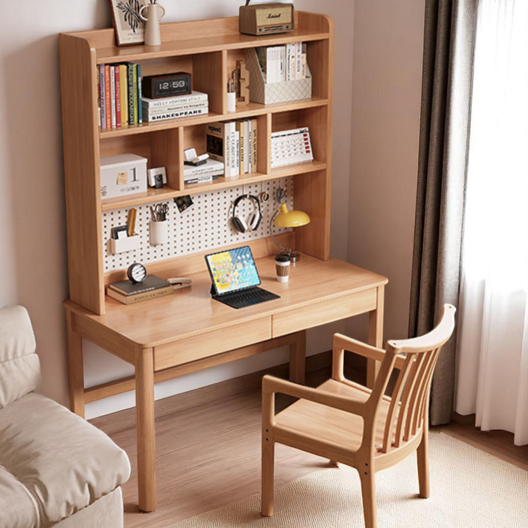 Space-Saver Solid Wood Study Table with Bookshelf - Mr Nanyang