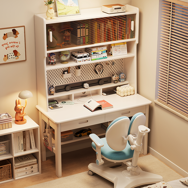 Solid Wood Study Table with Bookshelf and Pegboard Organizer Singapore ...
